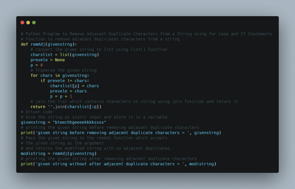 Python Program To Remove Adjacent Duplicate Characters From A String