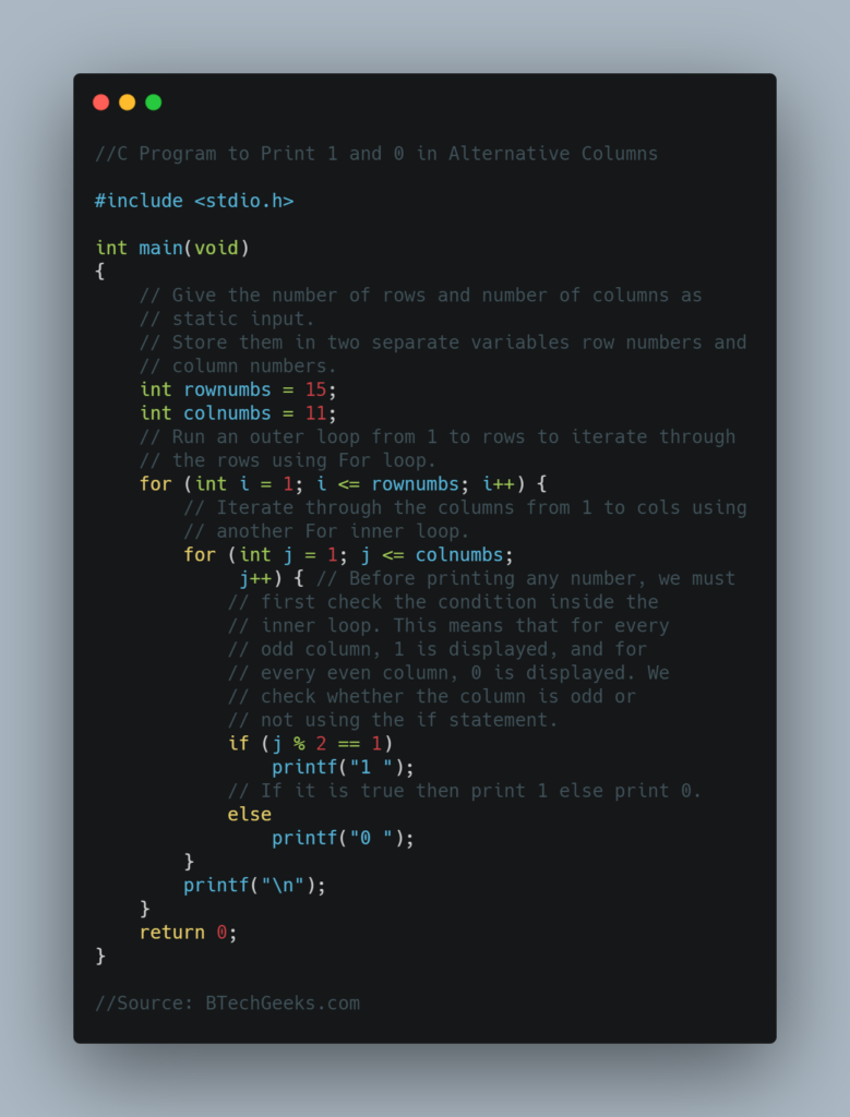 Python Program to Print 1 and 0 in Alternative Columns - Python Programs